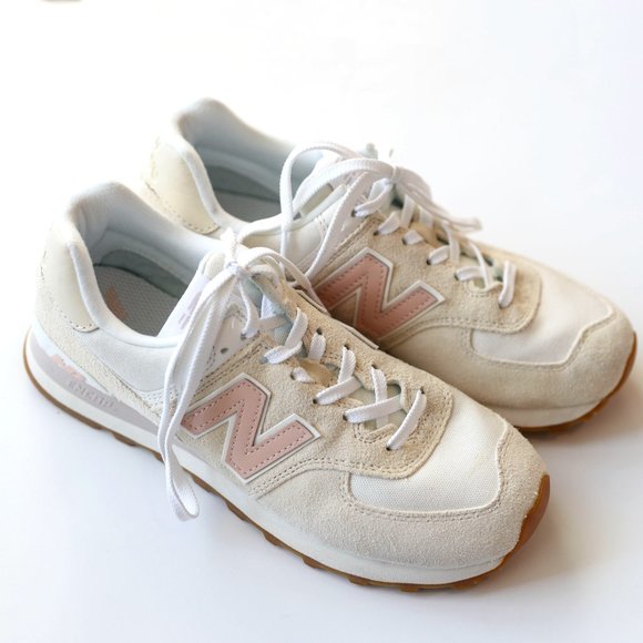 New Balance | Shoes | New Balance 574 Cream Color Pink Logo | Poshmark